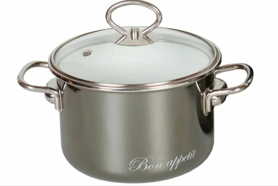 Кастрюля Бон Аппетит (Bon appetit) мокрый асфальт 3л эмалированная сталь, со стеклянной крышкой VITROSS