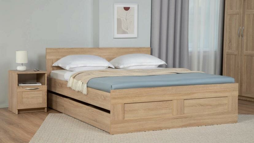 Кровать Brimnes Сириус, двуспальная, 160х200 см, бежевая, дуб сонома