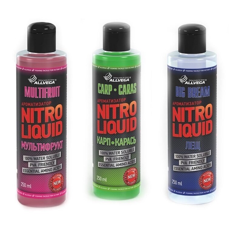 Набор ароматизаторов для рыбалки ALLVEGA Nitro Liquid мультфрукт, карп, карась, лещ 3 флакона по 250 м