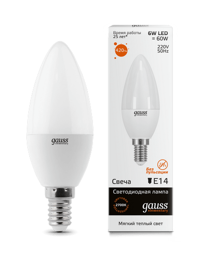 Лампочка Свеча E14 6W 3000x33116 Gauss Elementary