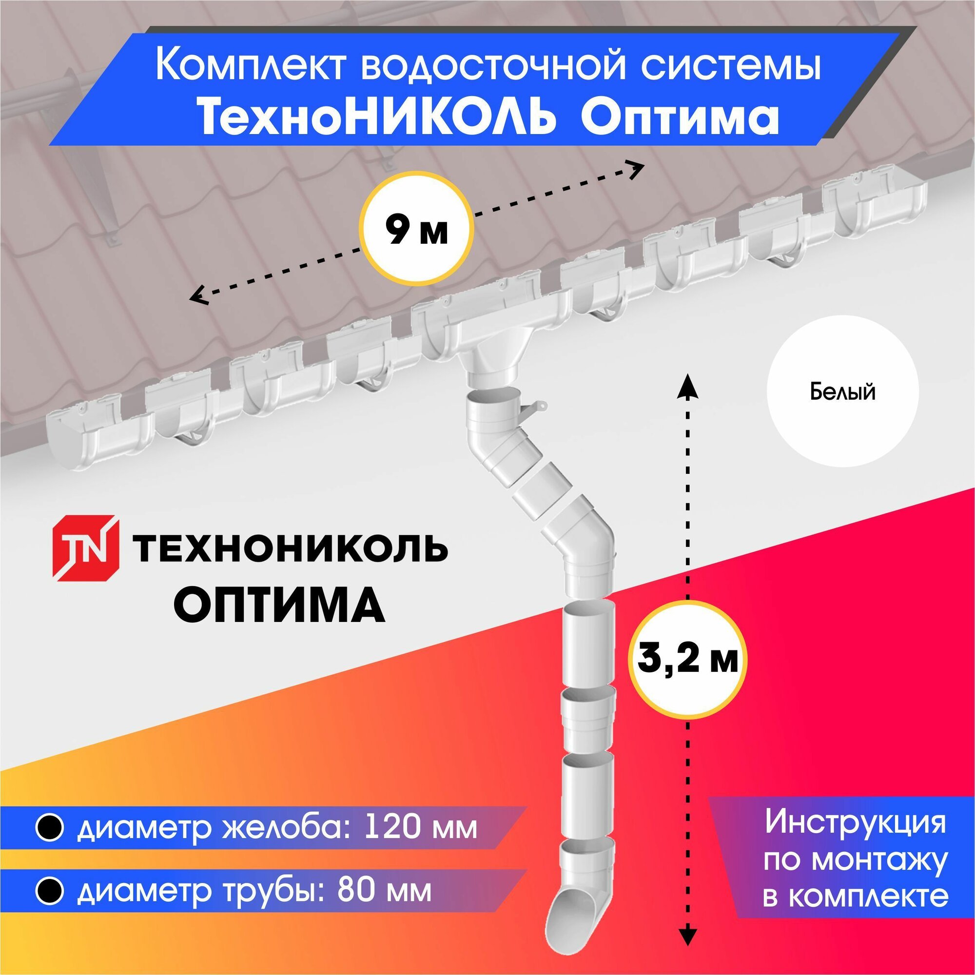 Комплект водосточной системы 120/80 технониколь Оптима для ската 9м, Белый (RAL 9003)