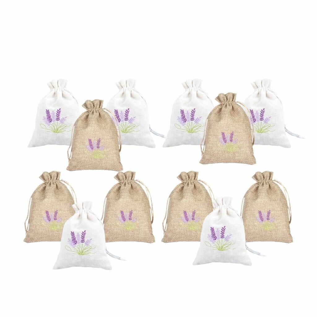 Упаковка из 12 пустых лавандовых пакетиков. Маленькие хлопчатобумажные льняные мешочки на шнурке для наполнения специй. Стильные пакеты упаковки подарков.