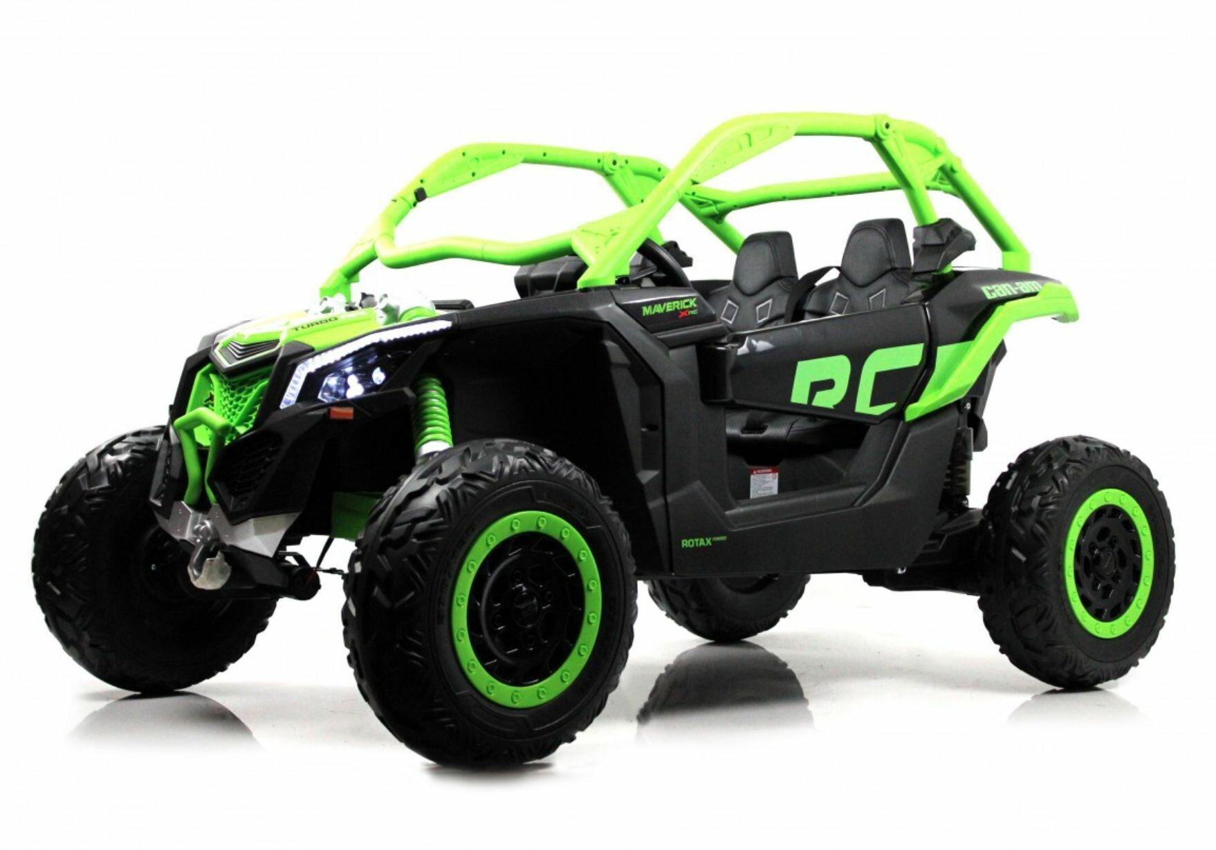 Детский электромобиль Rivertoys BRP Can-Am Maverick (Y111YY) зеленый (Лицензионная модель) с дистанционным управлением, двухместный, полноприводный