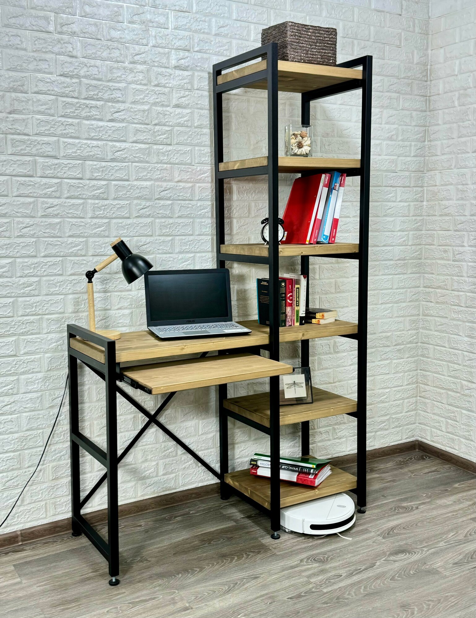 Компьютерный стол в стиле лофт, KOWALLI Palermo-6XL, черный, массив дерева, 120x46x196 см