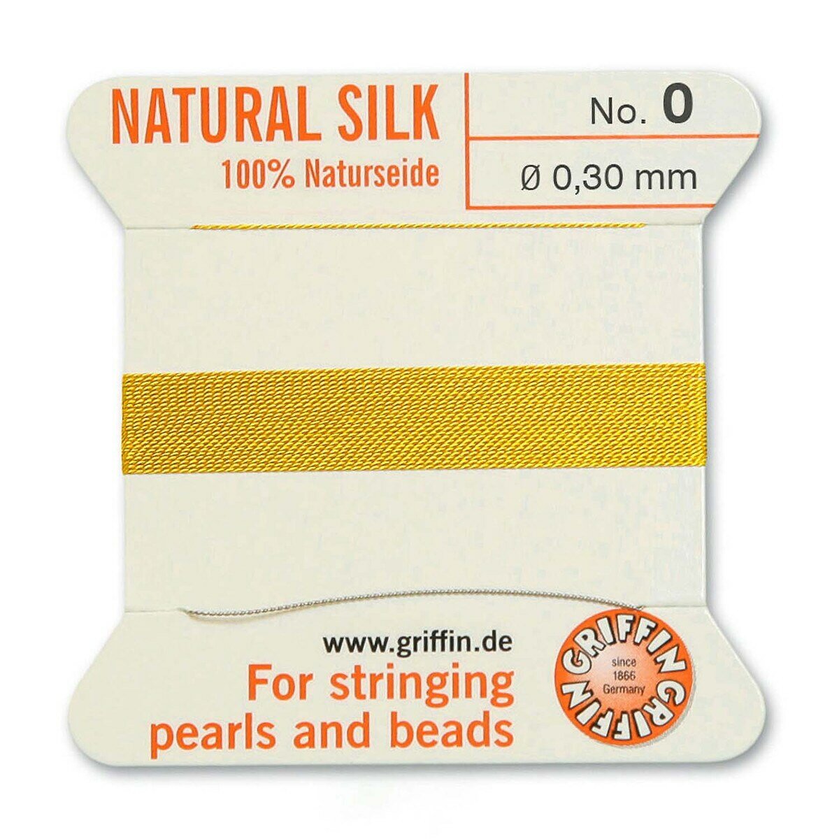 Нить шелковая, Griffin No.0 (0.3мм), жёлтая, с иглой, моток, 2 метра