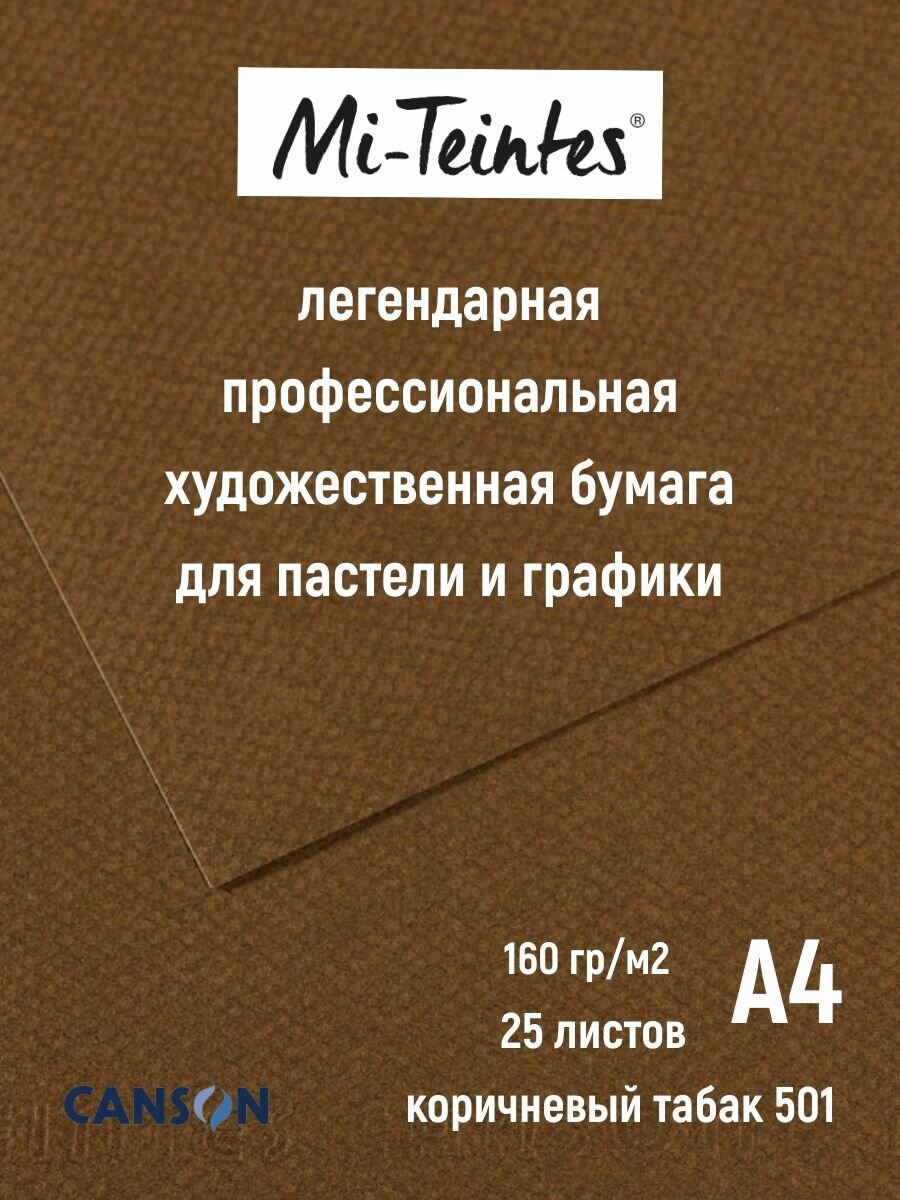 CANSON Mi-Teintes бумага для пастели 160 г/м2, 25 листов A4 21 х 29.7 см, №501 Коричневый табак C31033S037