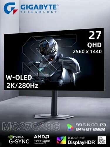 Gigabyte 27" Монитор MO27Q28G /W-OLED/2K/280гц/0,03мс/HDR Peak 1500/Nits Внутри есть динамик5W*2 , черный матовый, черный