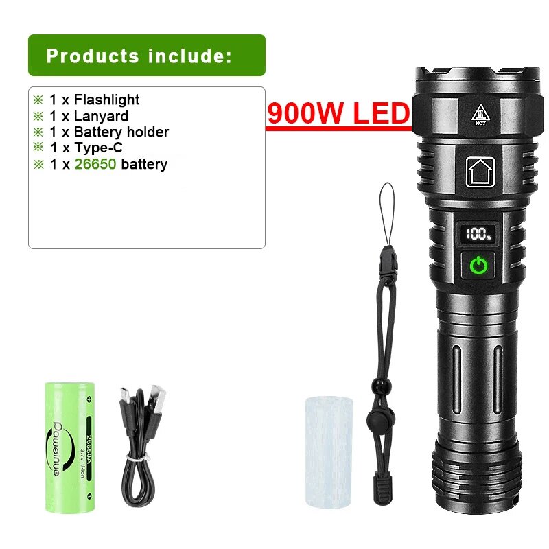 Тактический фонарь Xiviio 900W LED, 26650