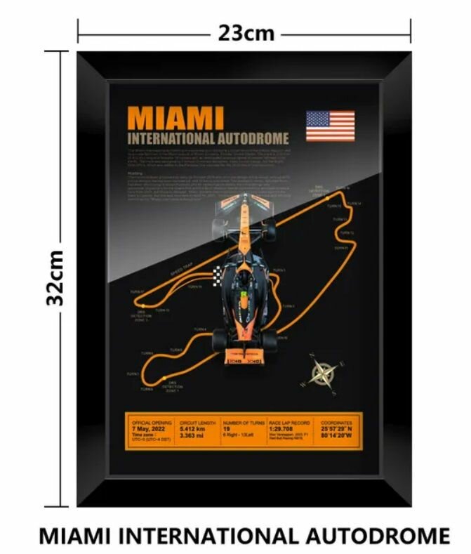 Коллекционная модель болида Формулы-1 в подарочной деревянной рамке. Трасса "Майами" 2024 г. McLaren/Ландо Норрис (MCL38)