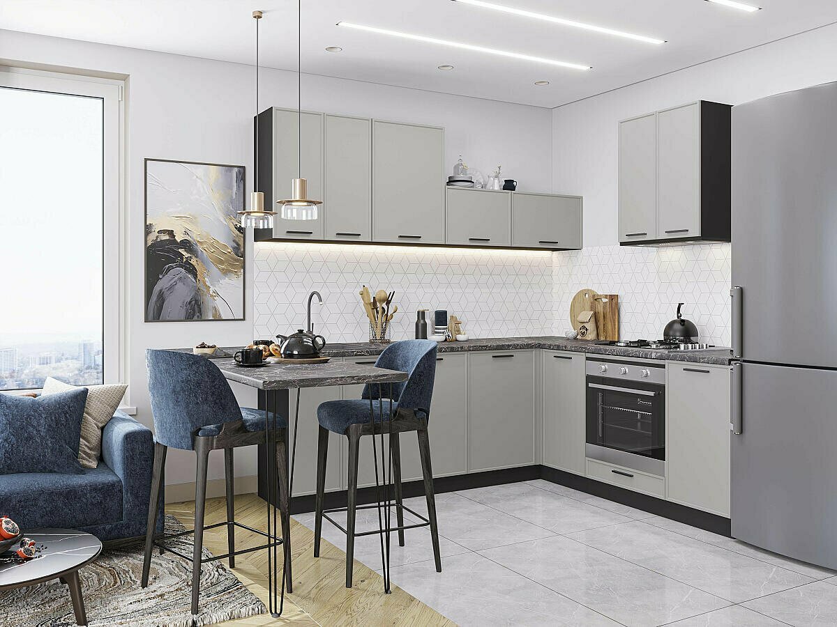 Готовый кухонный гарнитур кухня без столешницы Фрейм-03 Grey Silk, Graphite