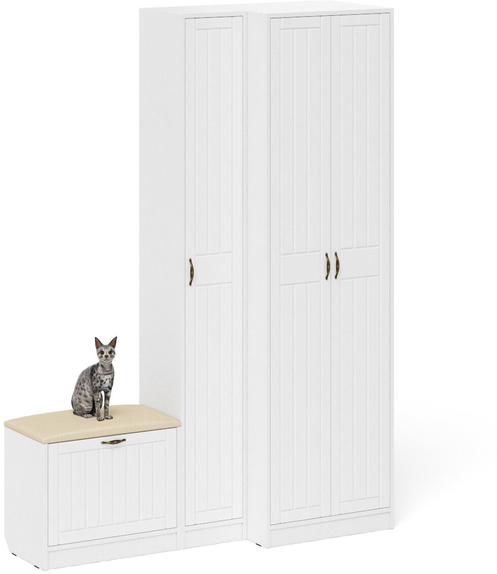 Шкаф с пеналом и обувницей с сиденьем П-6, цвет белая шагрень/фасады МДФ белое дерево фрезеровка прованс 150х50х210 см.