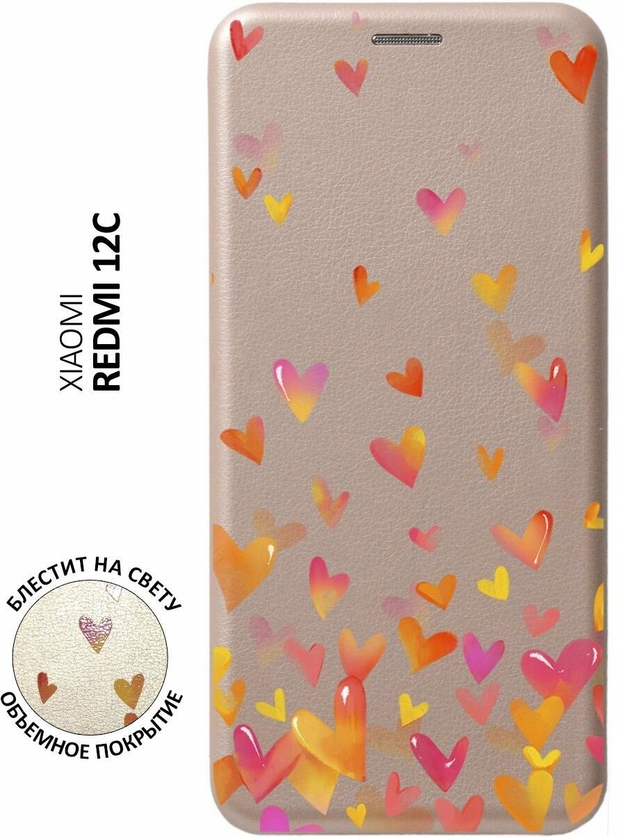Чехол-книжка на Xiaomi Redmi 12C, Сяоми Редми 12С с 3D принтом "Flying Hearts" золотой