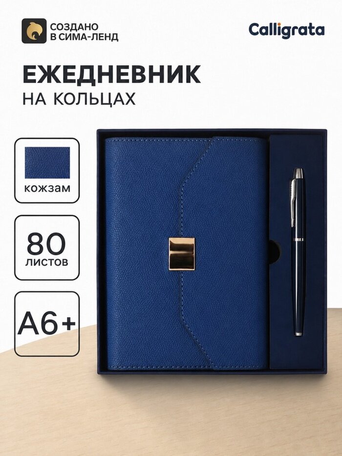 Органайзер на кольцах А6+, 80 листов, кожзам, c клапаном, линия, с ручкой, в подарочной коробке, синий