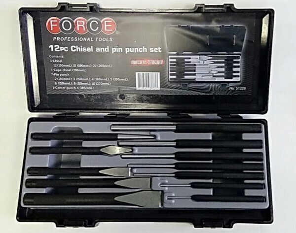 Набор FORCE 51229, 3 зубила, 7 пробойников, 1 кернер, 1 крейцмейсель, 12 предметов (в кейсе)
