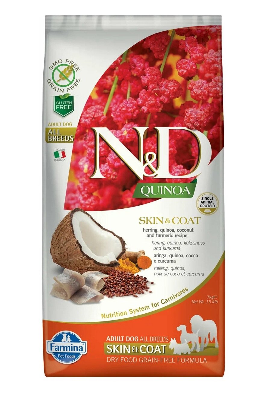 Farmina Корм сухой ND DOG GF Quinoa Skin&Coat Herring для взрослых собак с сельдью уход за кожей и шерстью 7 кг