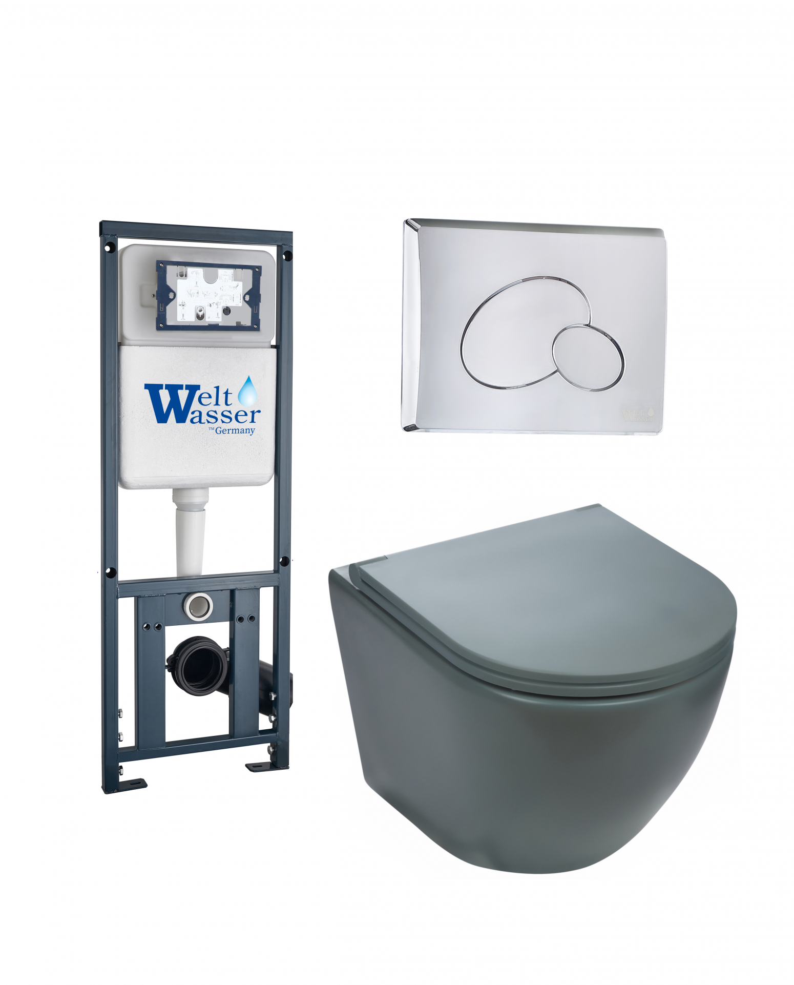 Комплект 3 в 1 инсталляция WeltWasser WW Marberg 410 + Подвесной унитаз Weltwasser Merzbach 043 MT-GR + кнопка хром RD 10000006484_