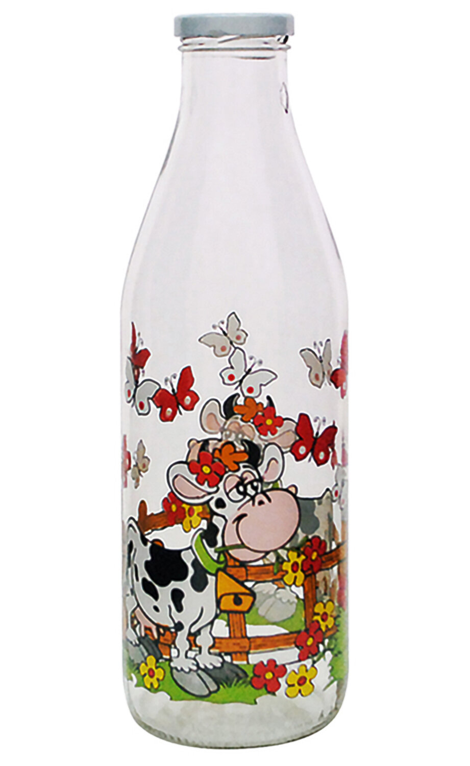 Бутылка Borgonovo стеклянная с крышкой / с пробкой 1 литр, для молока / для сока для напитков "коровка в деревне" - 1 шт.