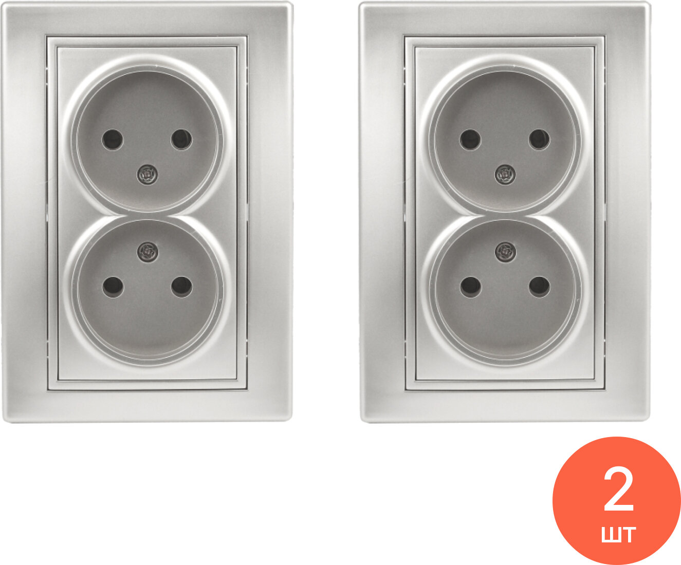 Розетка силовая штепсельная ЭРА Intro Plano 1-204-03, двойная 2X2P, 16А 250В IP20, алюминий, скрытой установки без заземления, Б0053907 (комплект из 2 шт)
