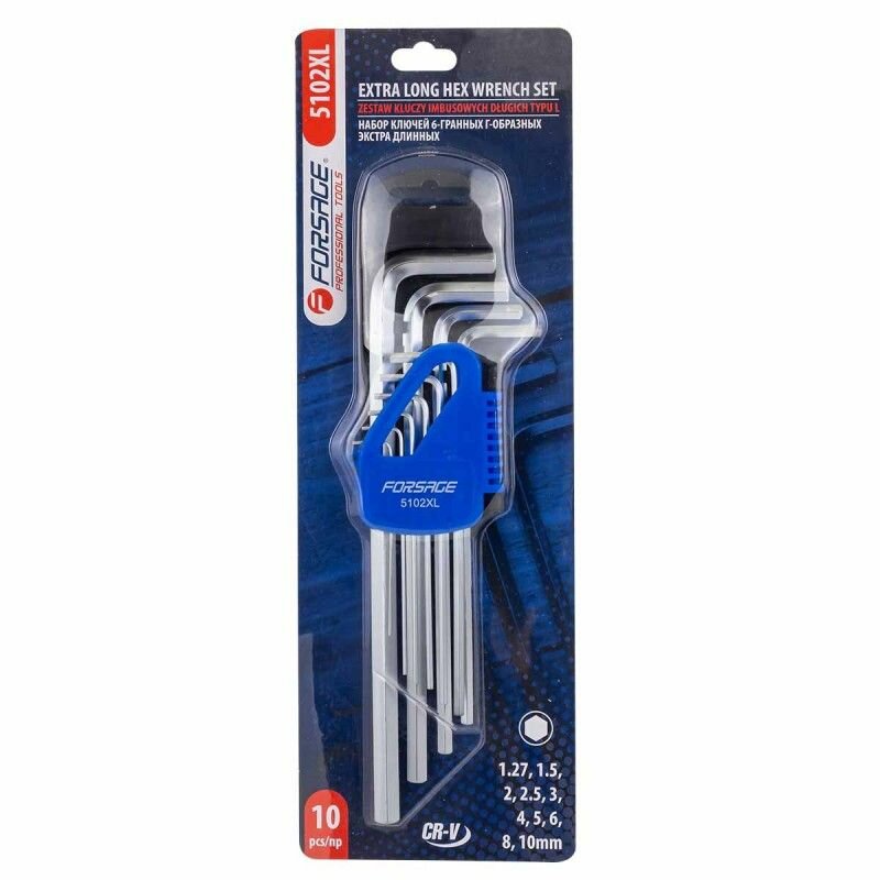 Набор ключей 6-гранных Г-образных экстрадлинных 10 предметов, в пластиковом держателе Forsage