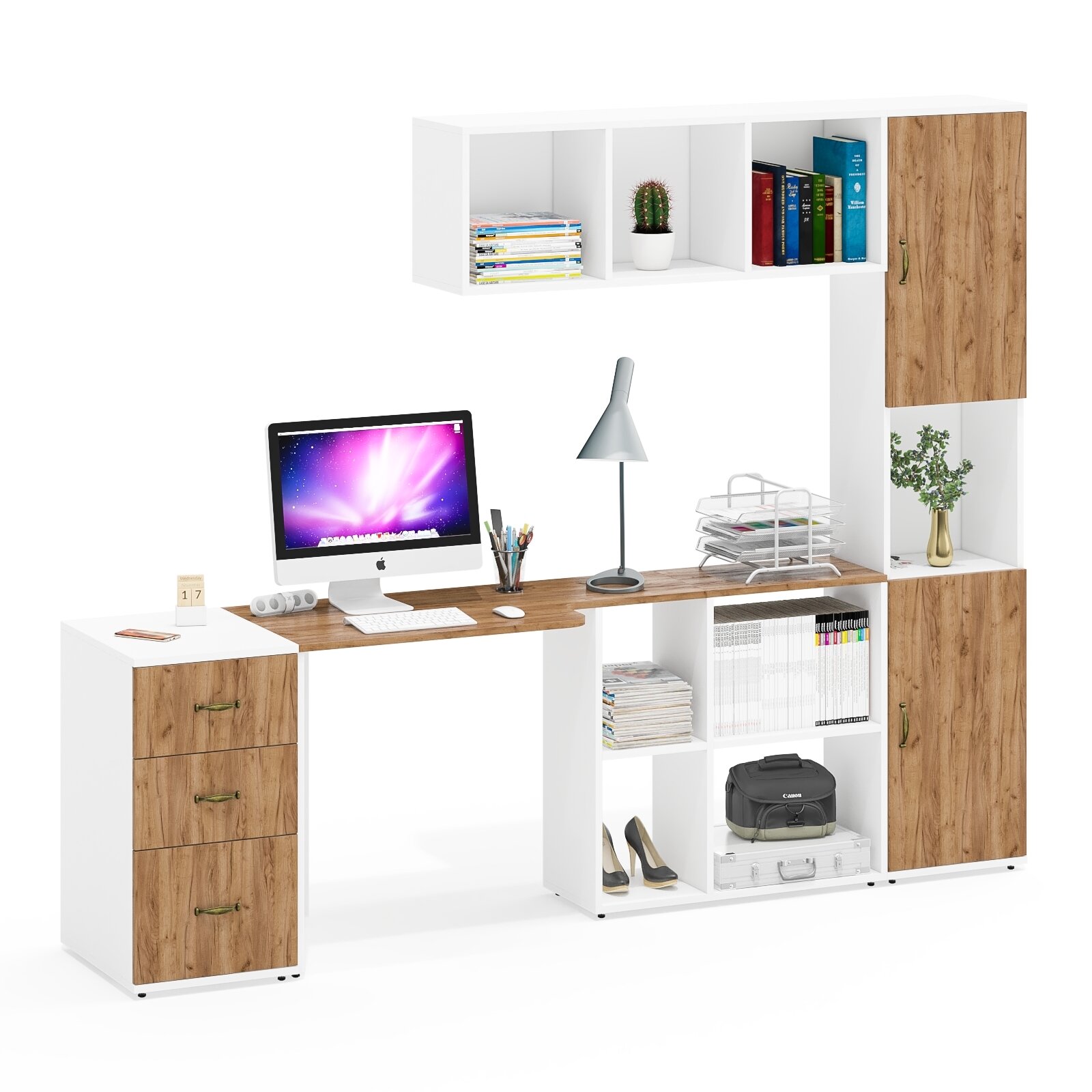 Мебель в рабочий кабинет МД Лидер-8, белый/крафт золото, 245х50х190 или 120х155х190 см.