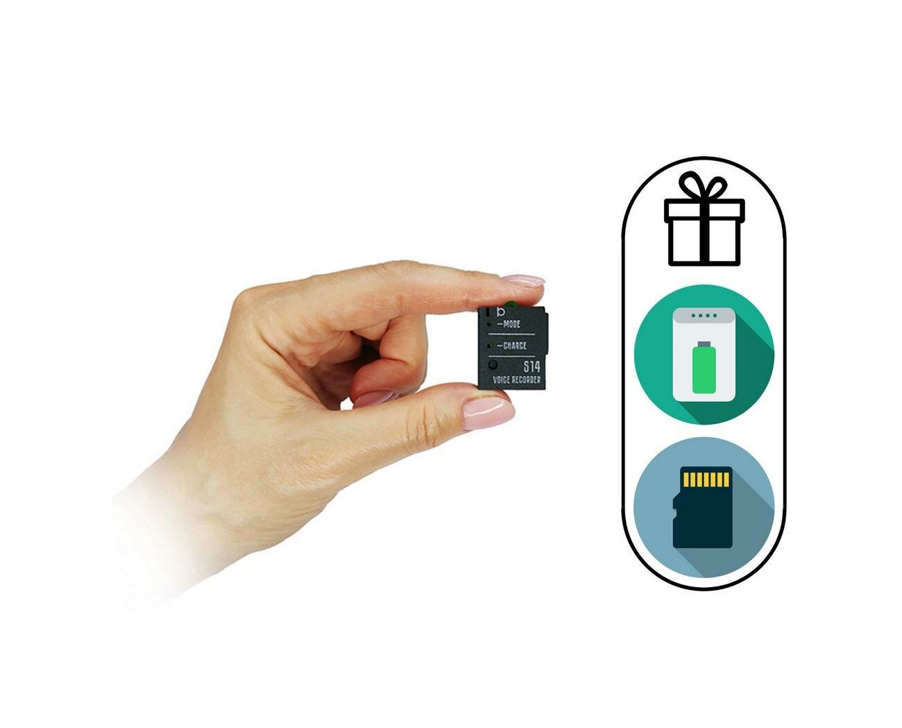 Диктофон с активацией голосом VOX - Сорока 14.2 (MicroSD) (W2871RU) + 2 подарка (Power-bank 10000 mAh + SD карта 32ГБ) встроенный аккумулятор до 128