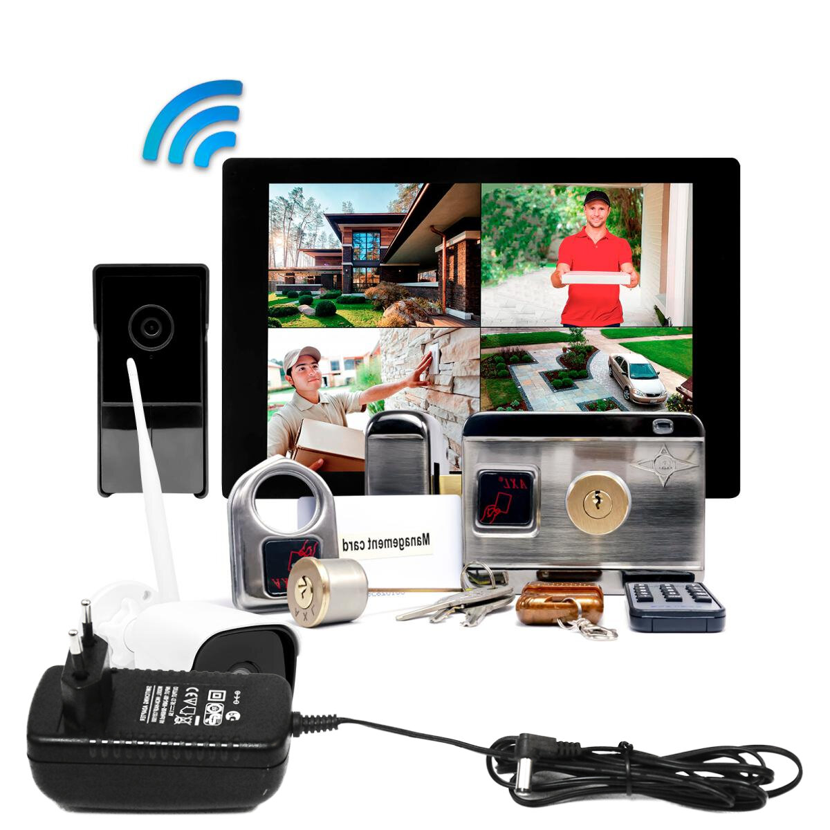 Цветной Wi-Fi домофон TUYA с замком и камерой - SkyNet (1+1+AX066) 1000 (C73142AR): HD экран 10 дюймов, вызывная видеопанель, замок электромеханичес