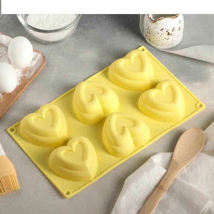 Форма для выпечки "Сердце в сердце", силикон, размер 17*30см, h-3,5см, количество ячеек 6шт.