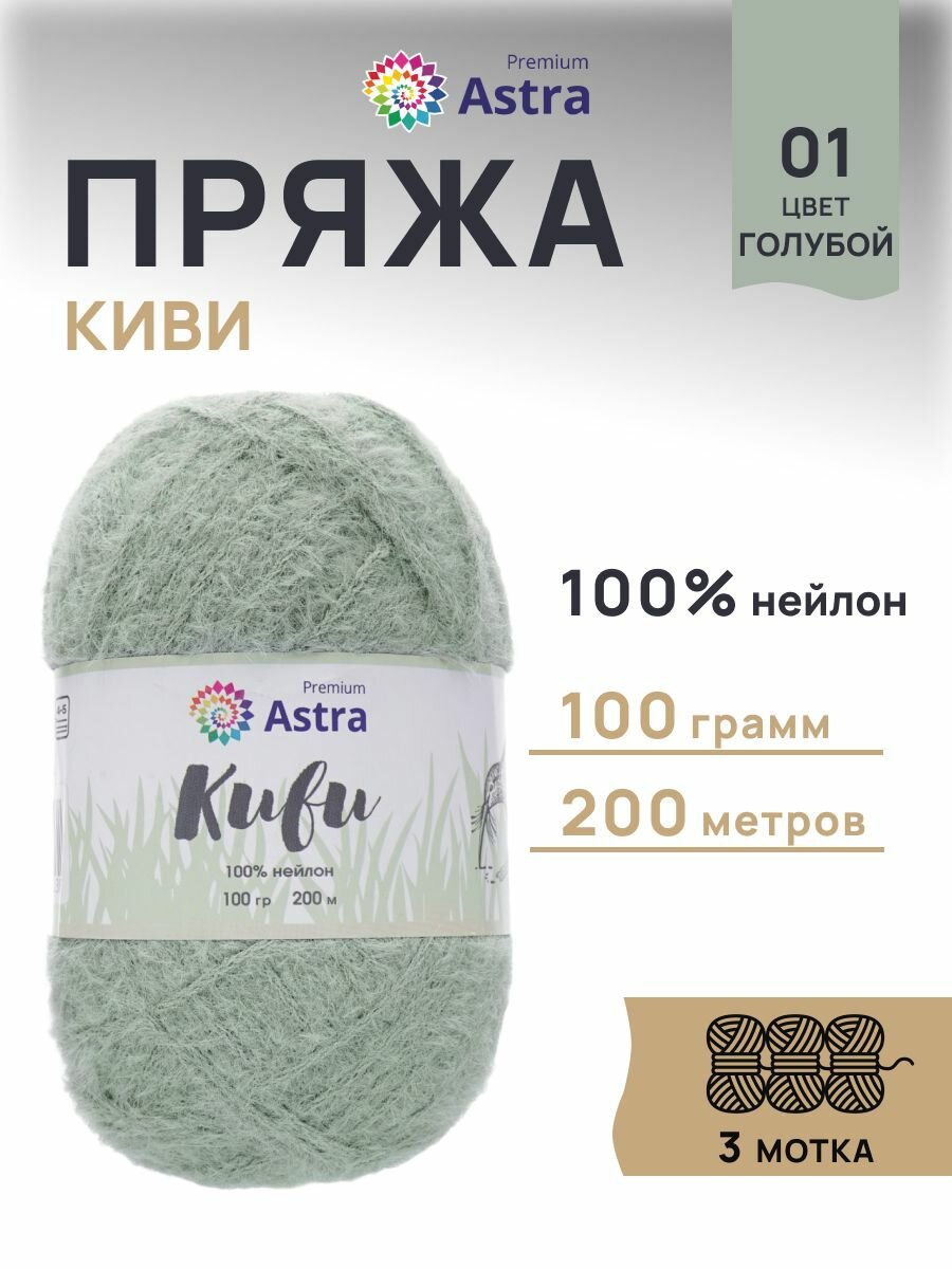 Пряжа для вязания Astra Premium 'Киви' (Kiwi) 100г, 200м (100% нейлон) (01 голубой), 3 мотка