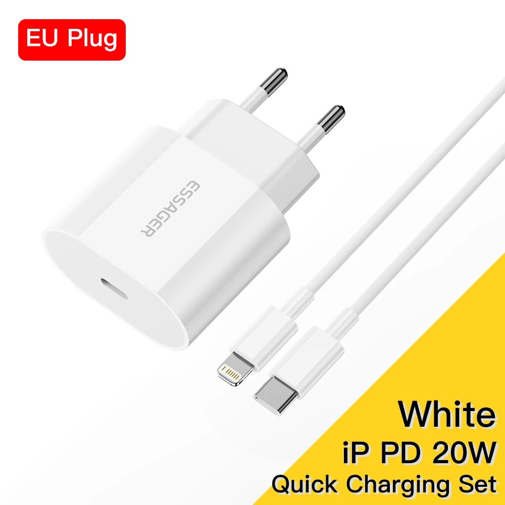 Зарядные устройства Essager Lightning для iPhone PD 20 Вт, комплект зарядного устройства USB EU Plug