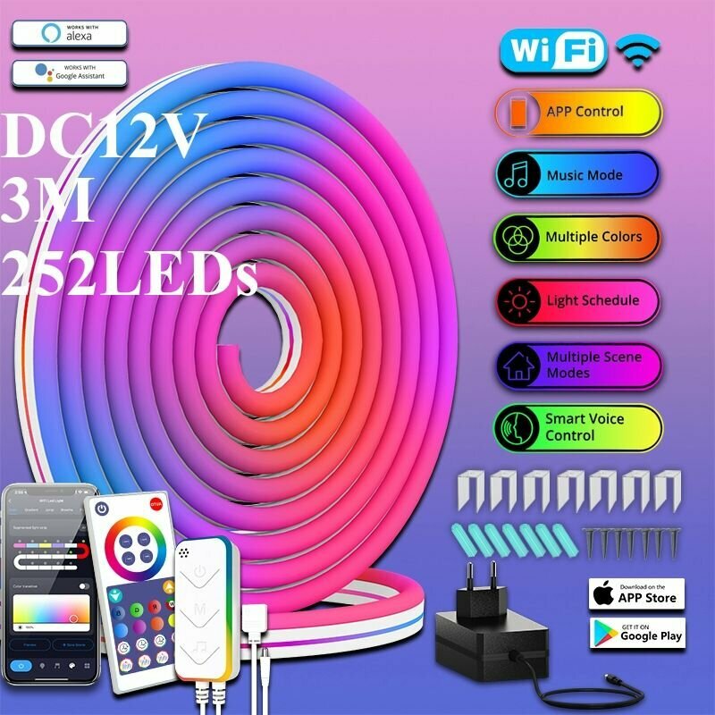Умная жизнь WiFi фото неоновая веревка, 3 м 252 светодиодов, Светодиодная лента из силикона с питанием от USB, RGBIC, Гибкая лента с управлением через приложение IP67 для самостоятельного стайлинга