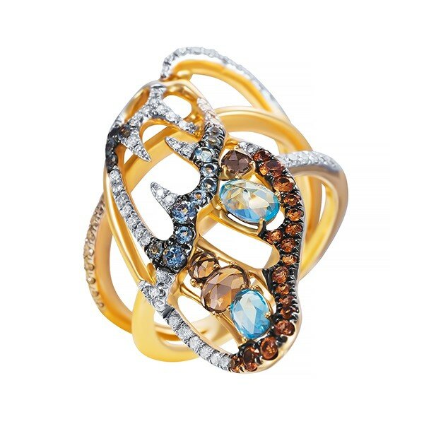 Кольцо, желтое золото, 585 проба, бриллиант, сапфир, раухтопаз, топаз