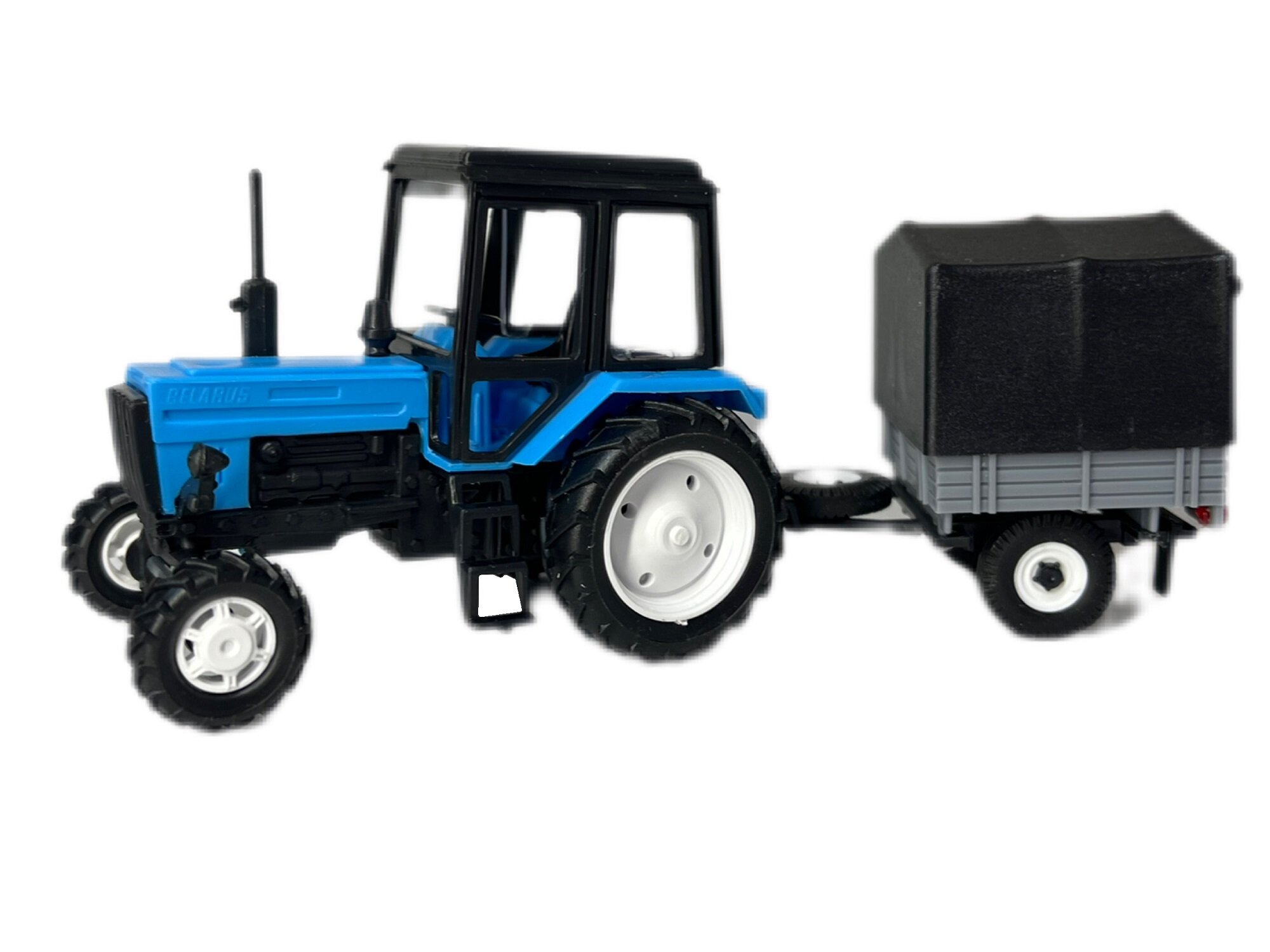 Трактор МТЗ-82 пластмасса синий черная кабина с прицепом тент 1:43