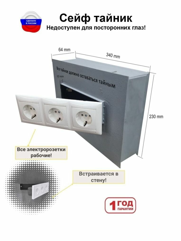 Скрытый сейф-тайник для денег и документов с блоком рабочих розеток Legrand. Встраиваемый в стену на глубину 7,4 см.