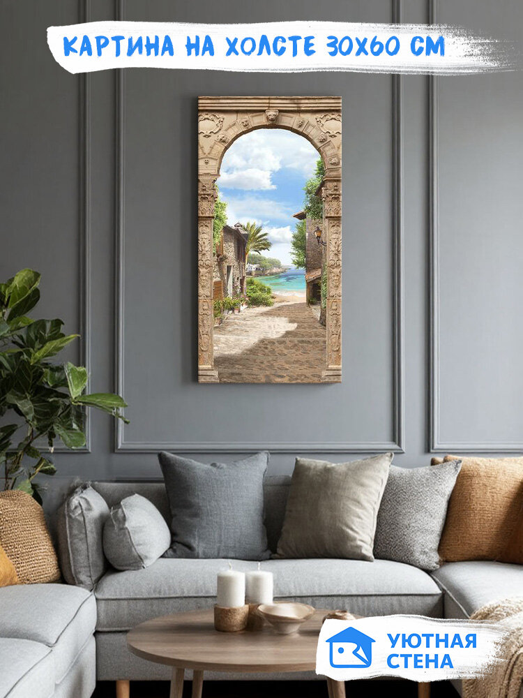 Картина на натуральном холсте Уютная стена "Арка с лестницей к морю" 30х60 см