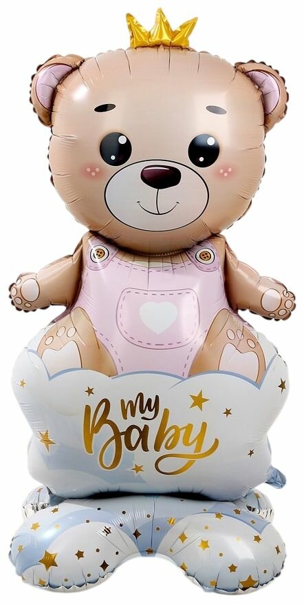 Воздушный шар-фигура фольгированный "Мишка в короне - девочка" 62" на подставке, под воздух, надувной воздушный шарик из фольги, большой шар для фотозоны на праздник и день рождения