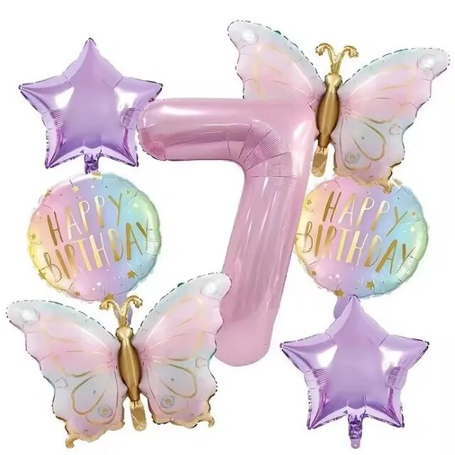 Набор из 7 розовых воздушных шаров в виде бабочек и цифр, идеально подходящий для празднования дня рождения, детских вечеринок, украшения вечеринки в честь рождения ребенка и других торжественных мероприятий.