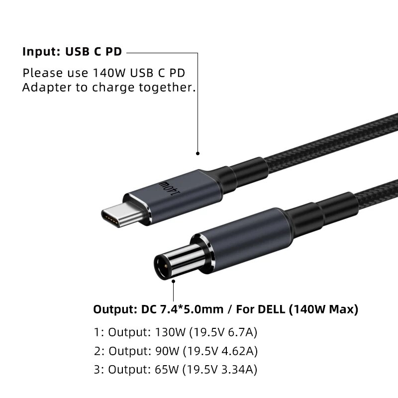 Кабель USB C PD для Dell 140W, DC 7.4x5.0mm, черный
