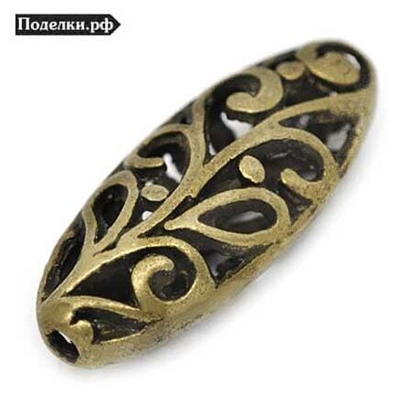 Металлическая бусина Овал длинный Ветка полый 0007647 бронзовый цвет 23x10x6 мм, цена за 2 шт.