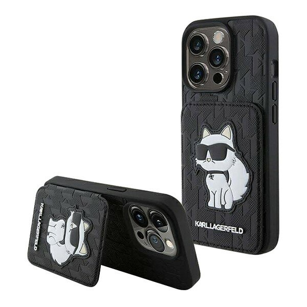 Karl Lagerfeld чехол для iPhone 15 Pro, Cardslot Stand PU-кожа Saffiano Monogram NFT Choupette черный
