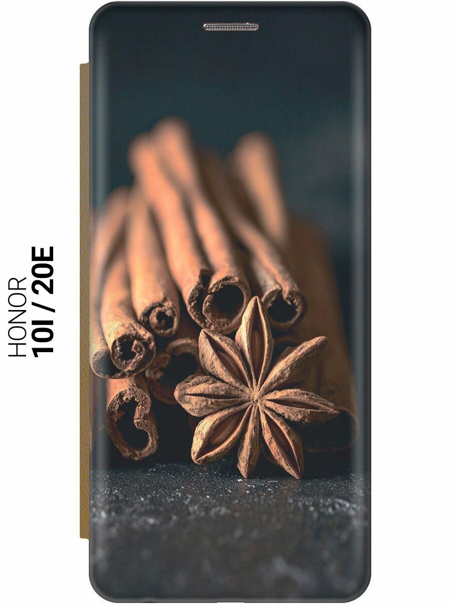 Чехол-книжка на Honor 10i, 20e, Хонор 10 ай, 20е c принтом "Корица" золотистый