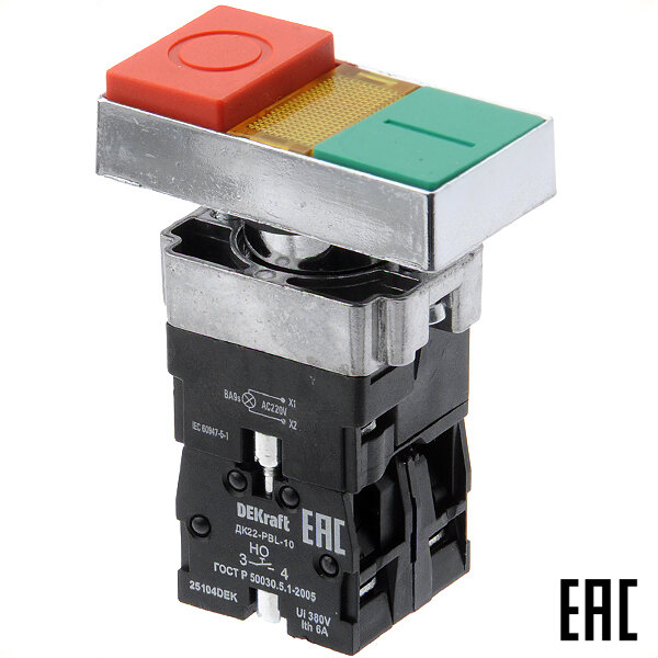 Выключатель кнопочный ПЕ22-PPBB-NEO 25062DEK двойной красный/зеленый 1з+1р без фиксации, с подсв. (DEK