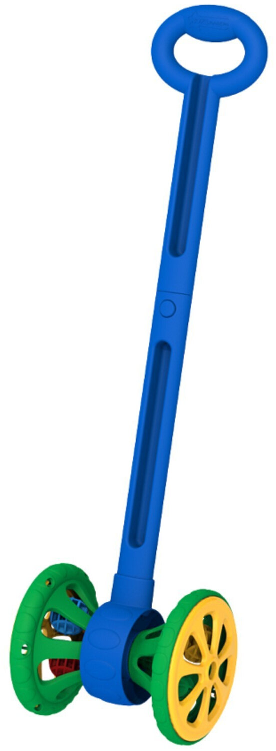 Детская игрушка-каталка "Весёлые колёсики" с ручкой и шариками, развивающая игрушка для малышей, цвет сине-зелёный