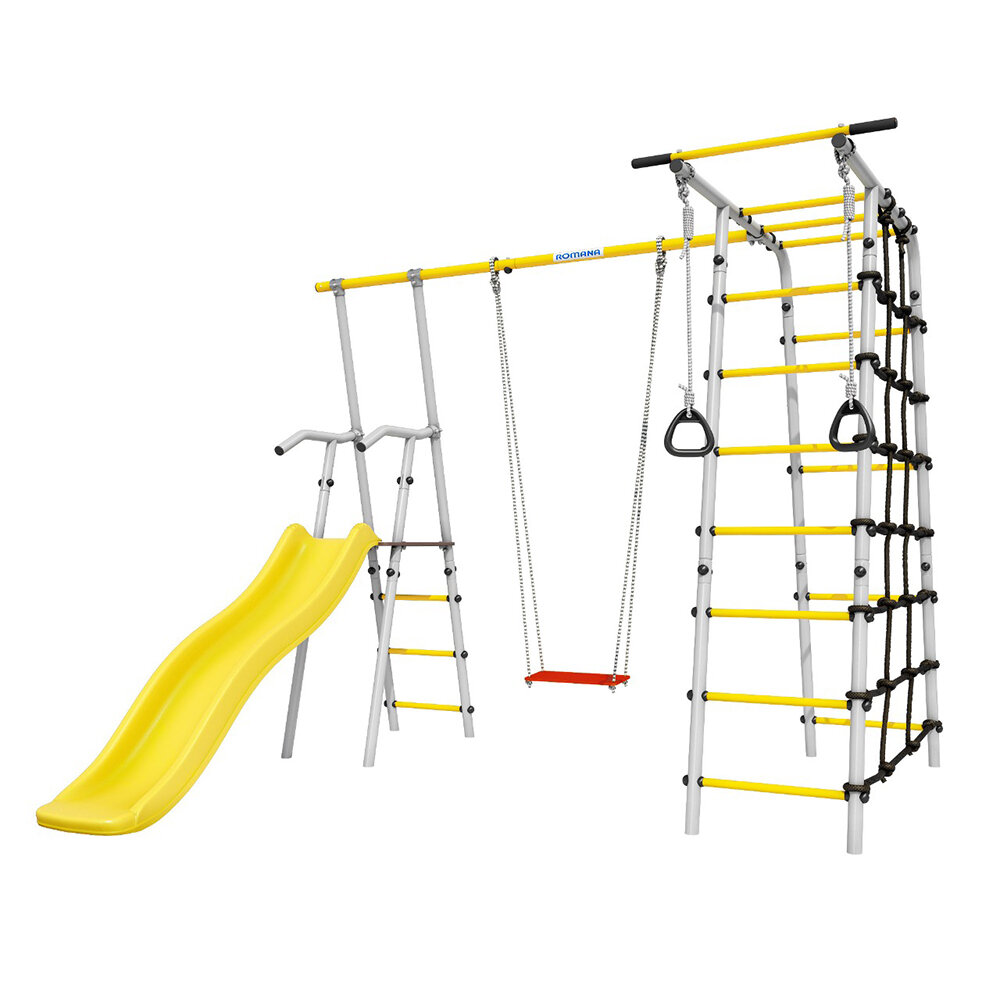 Детский спортивный комплекс Romana Богатырь + Фанерные качели 103.07.06, нагрузка до 100 кг, серый/желтый