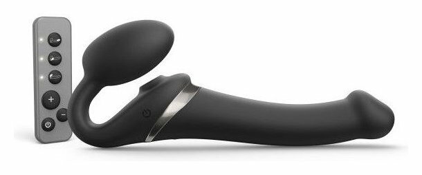 Черный безремневой страпон Multi Orgasm Size M с клиторальной стимуляцией Strap