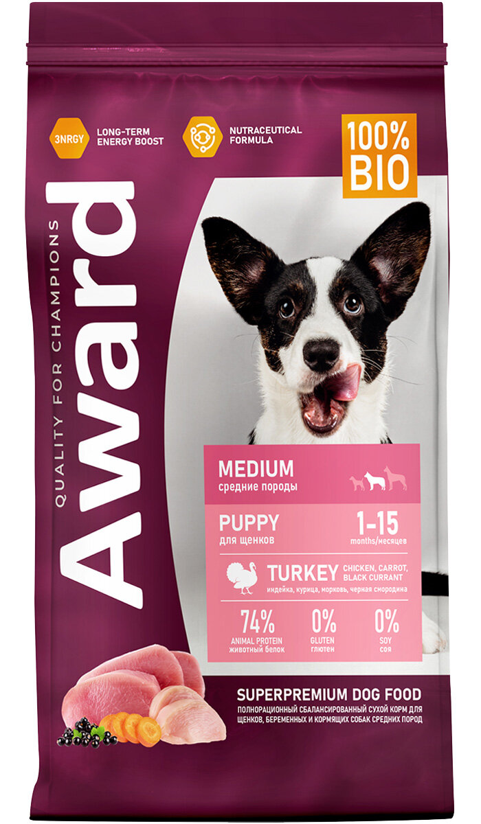 AWARD MEDIUM PUPPY для щенков, беременных и кормящих сук средних пород с индейкой и курицей 12 кг