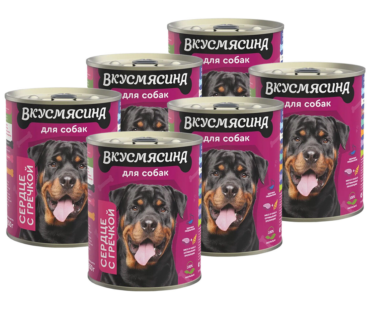 Вкусмясина для взрослых собак всех пород с сердцем и гречкой банка 850 гр х 6 шт