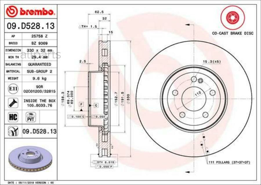 BREMBO 09. D528.13 Диск тормозной передний MB C W205, E W213 2.0-2.1D 14> (d=330)