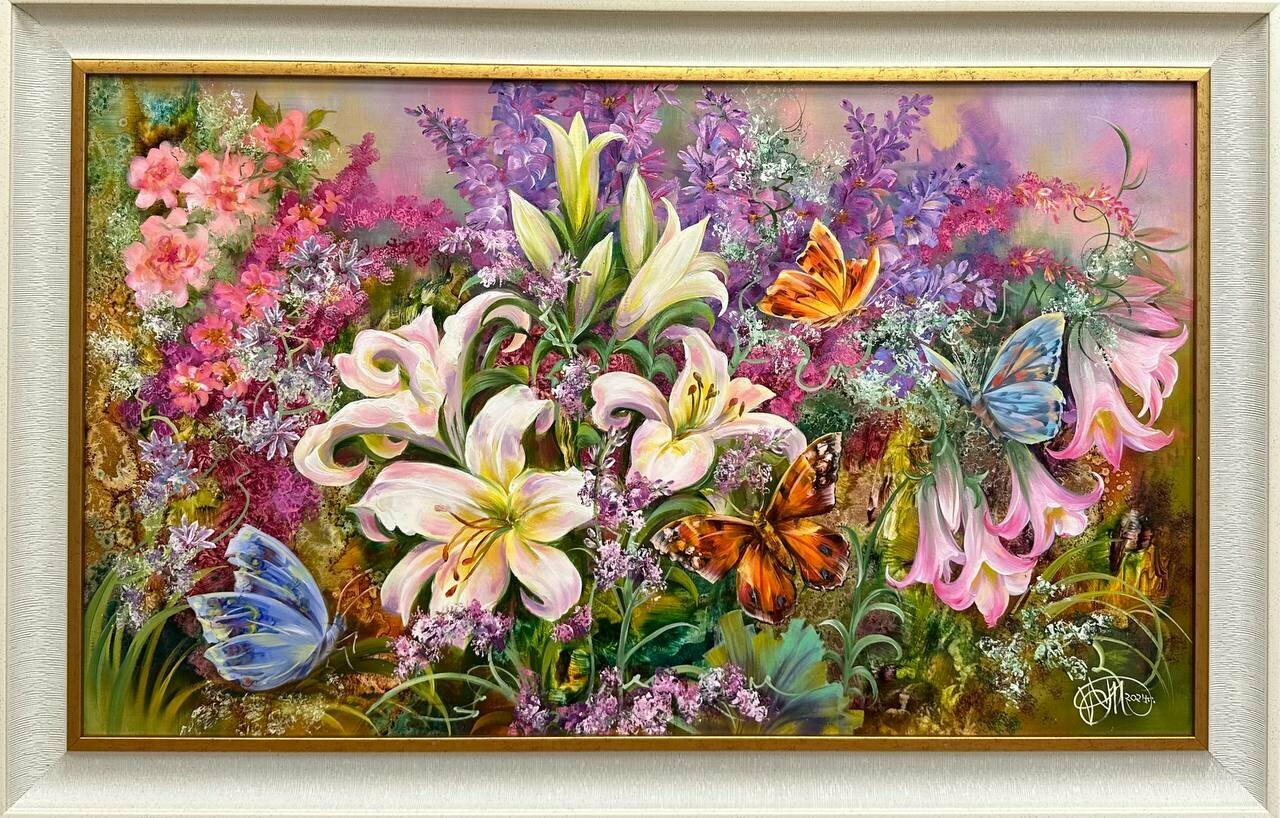 Картина маслом, цветы "Лилии и бабочки"