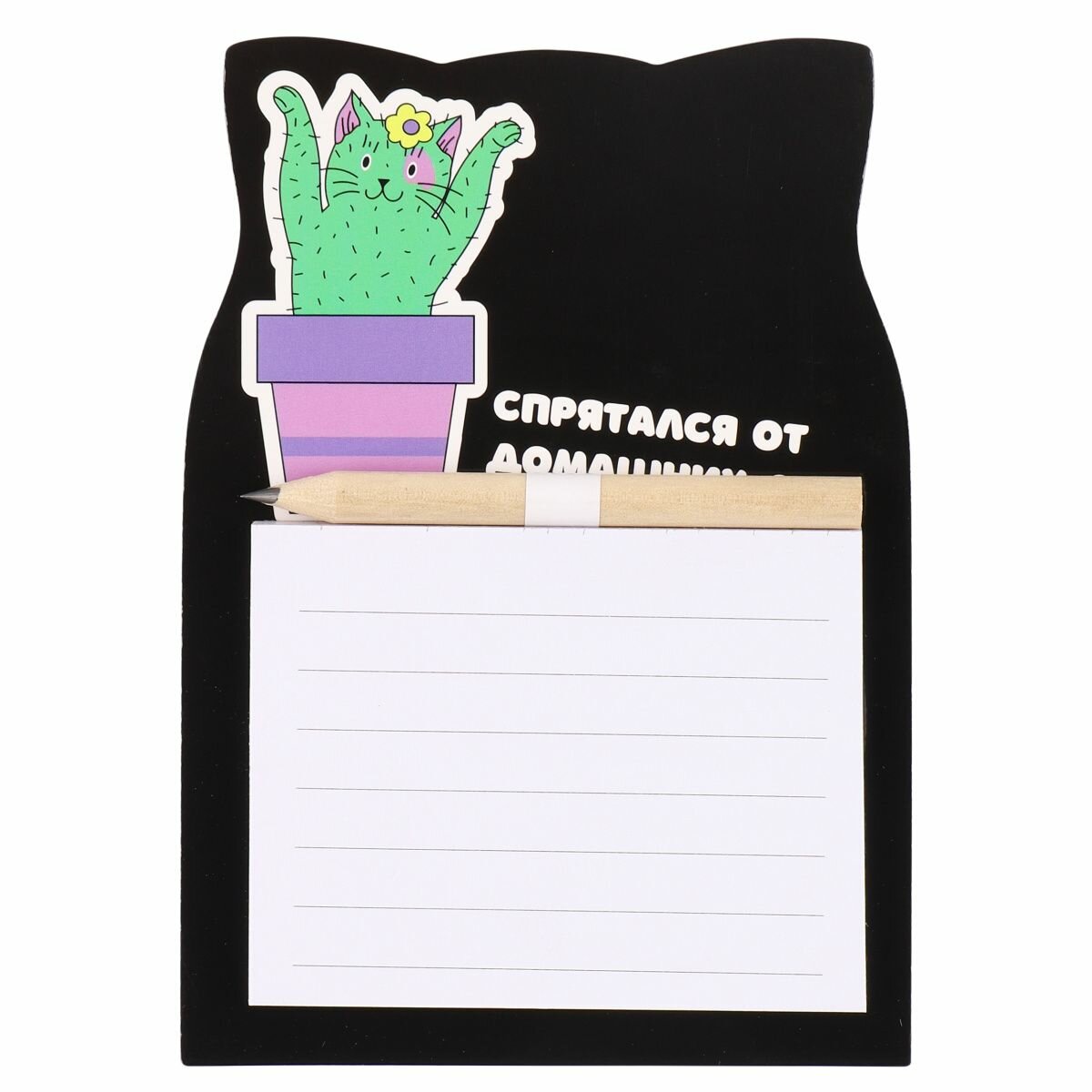 Блок для записей с карандашом на магните 14*10 см, проклеенный, линия, 40 листов Зеленый котик