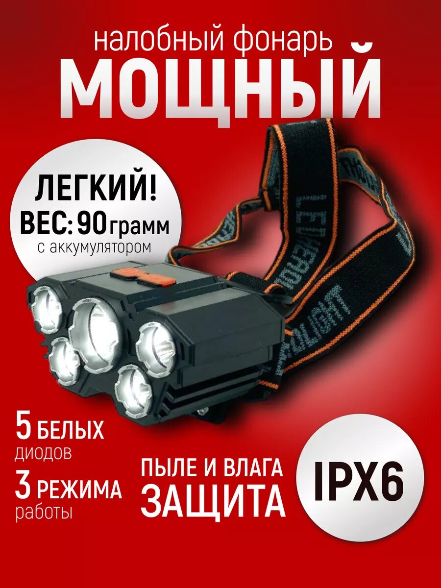 Фонарик налобный аккумуляторный светодиодный